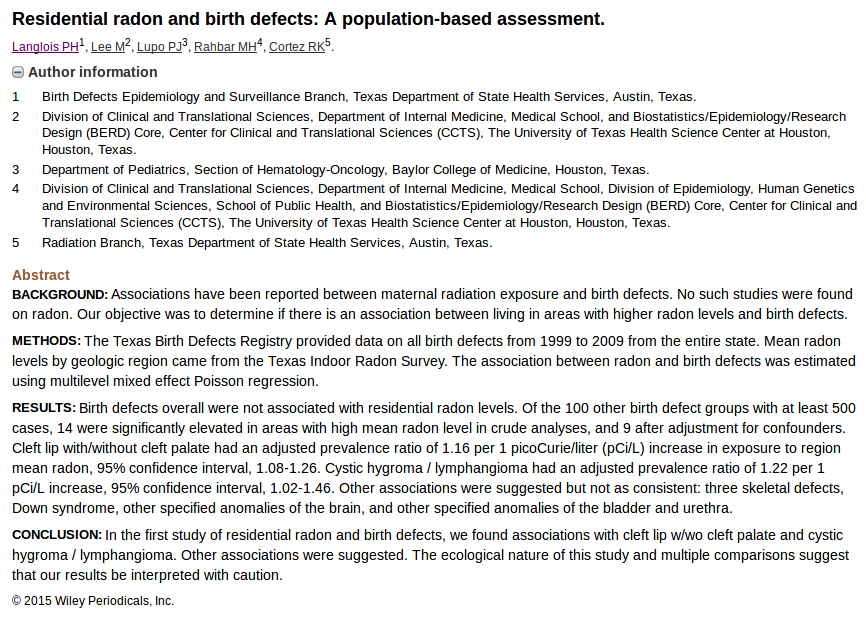 Le radon, l’uranium et les cancers infantiles et malformations / Radon ...